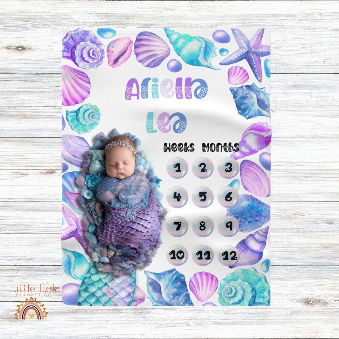 Personalized Baby Milestone Mermaid Blanket- Purple and Blue Seashells ...