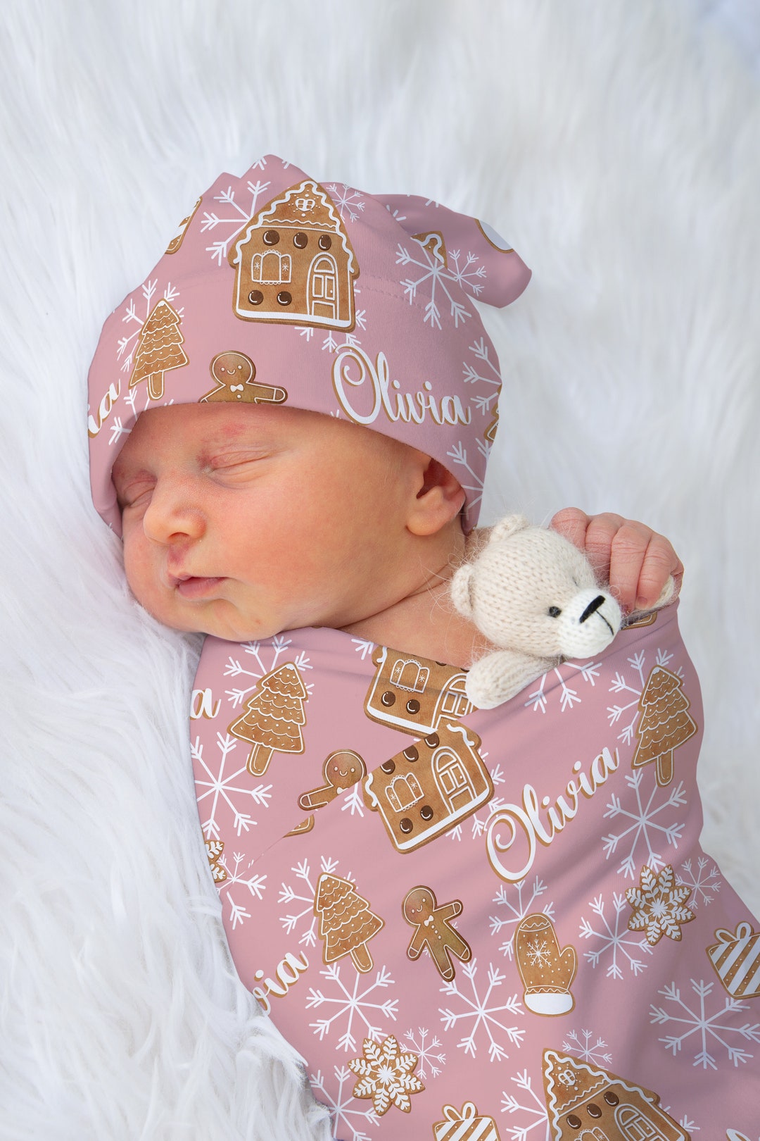 Christmas Gingerbread Personalized Baby Blanket, Hat, Headwrap Custom ...