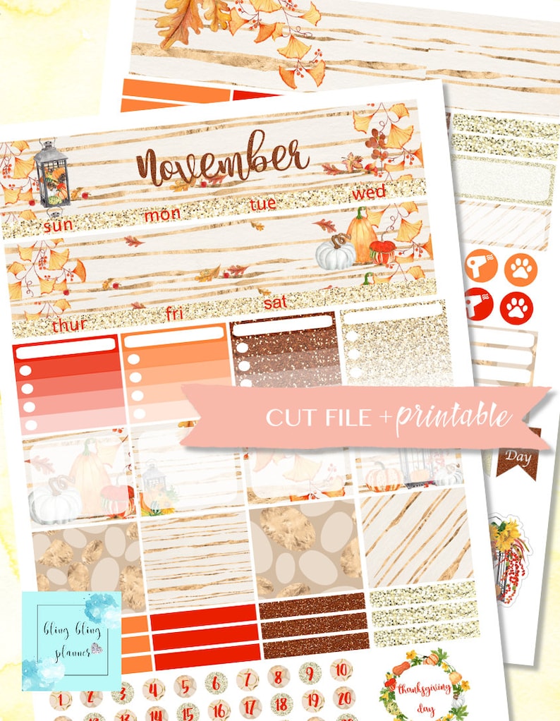 NOVEMBER MONTHLY KIT, Printable Fall Stickers, Monthly Spread, Erin ...