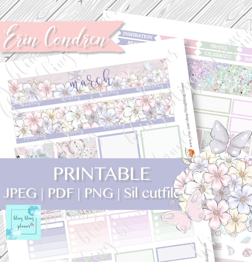 MARCH MONTHLY VIEW Printable, March Planner Sticker Kits, Spring ...