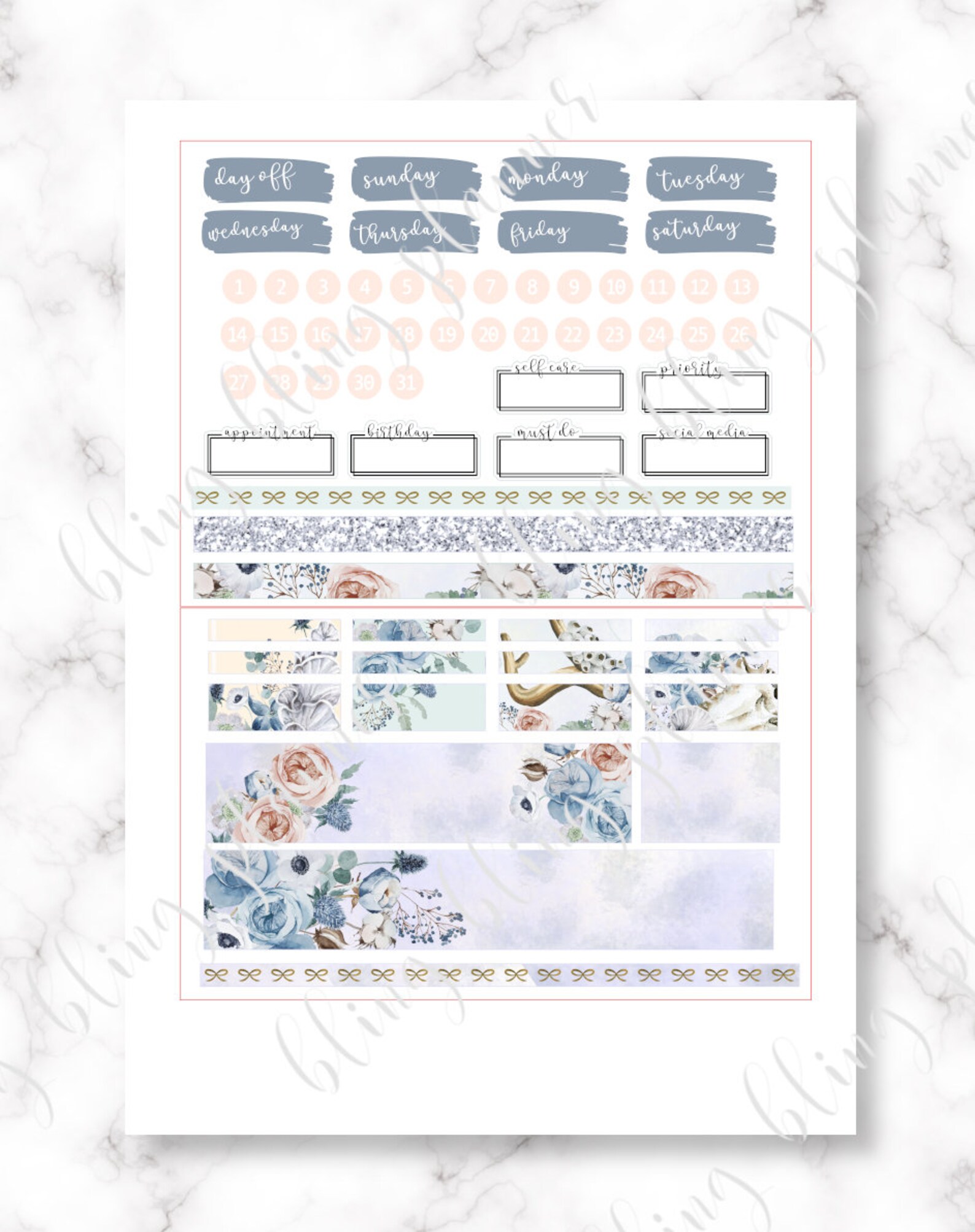SEASHELL PLANNER STICKER Printable Blue Floral Printable | Etsy