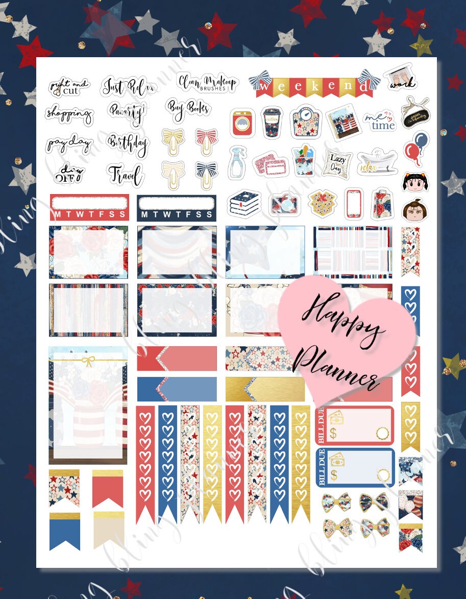 4th of July PRINTABLE HAPPY PLANNER Stickers, Independence Day Hp ...