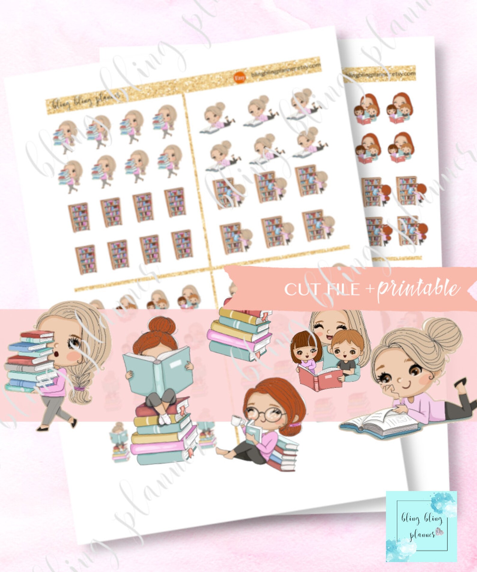 PRINTABLE BOOKLOVER Sticker, Printable Bookworm Sticker, Cute Girl ...