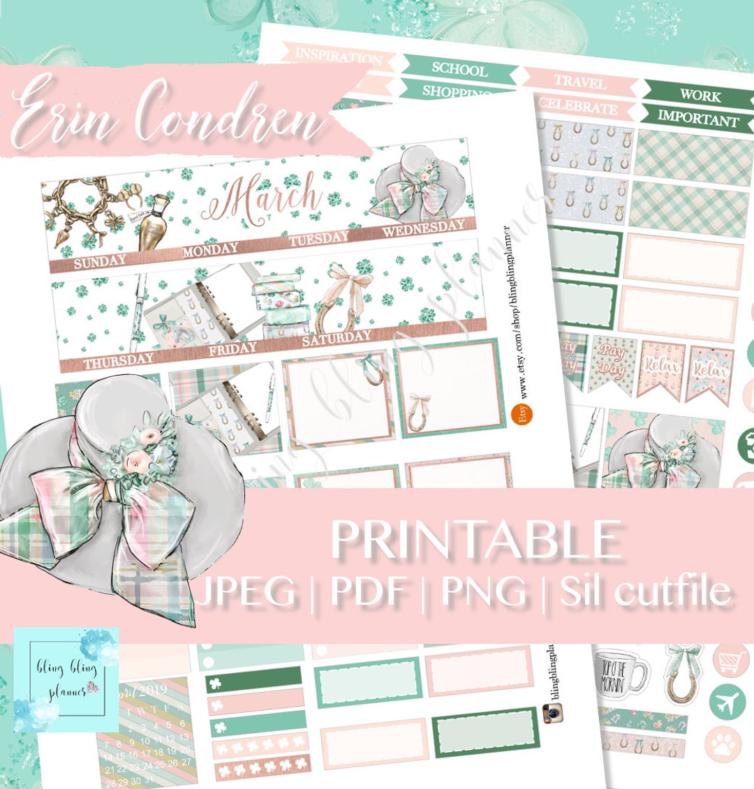 MARCH MONTHLY VIEW Printable , March Planner Sticker Kits, St Patrick ...