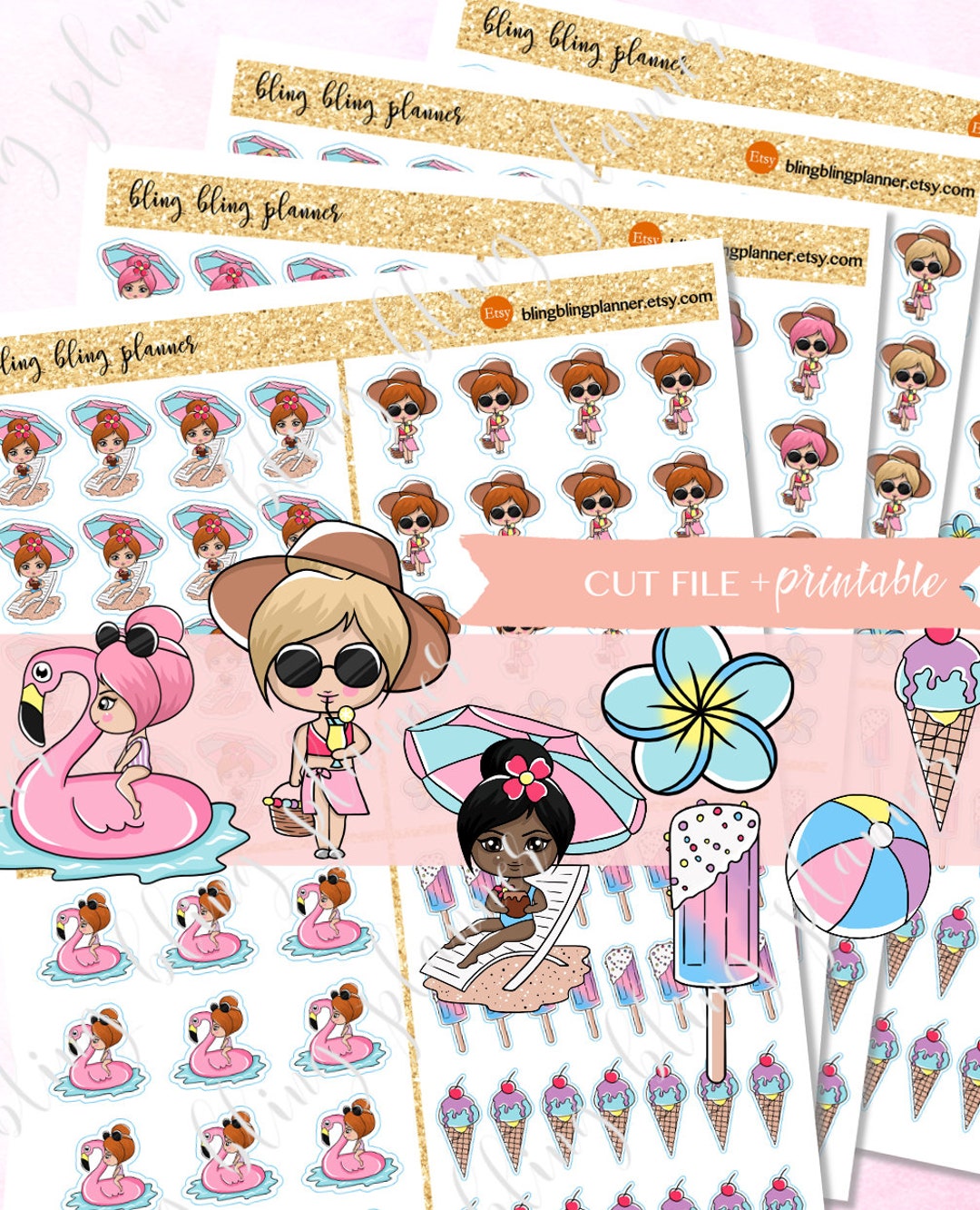 SUMMER GIRL PRINTABLE Stickers, Beach Girl Planner Stickers, Popsicle ...
