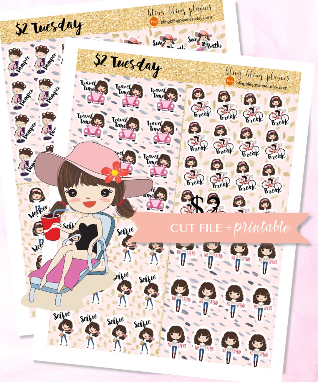 CUTE GIRL Planner STICKERS, Sun Bath Sticker, Printable Planner ...