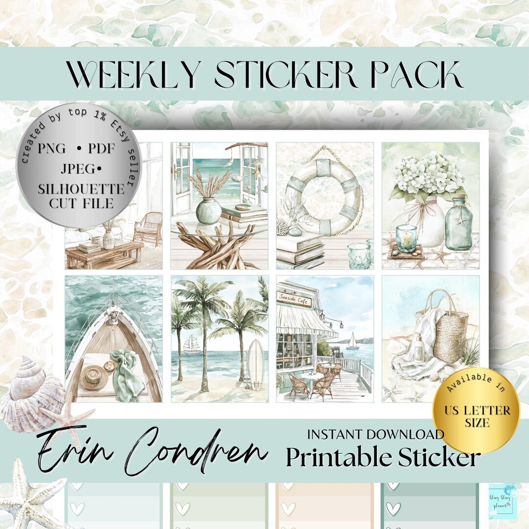 Summer Beach Erin Condren PRINTABLE Planner Sticker, Coastal Blue ...