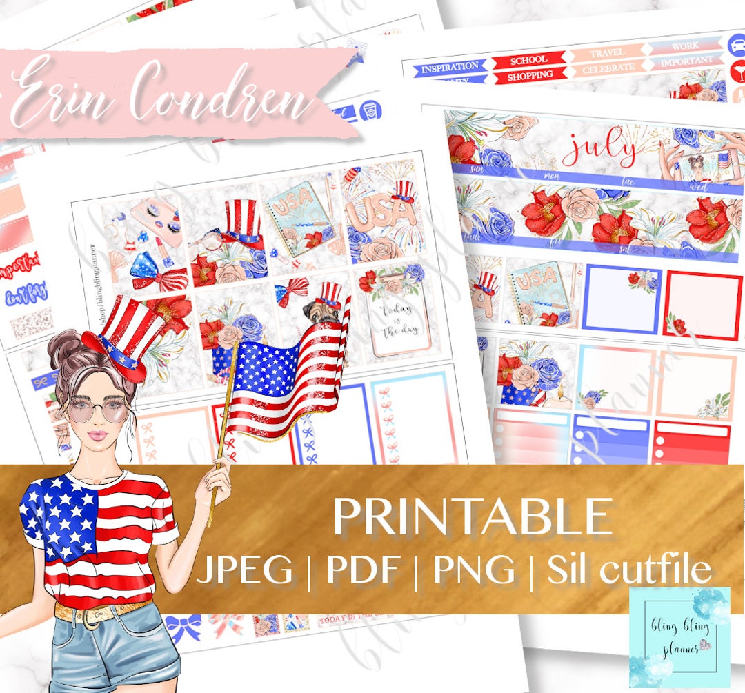 4th of JULY PRINTABLE Planner Stickers, July Monthly Stickers, July ...