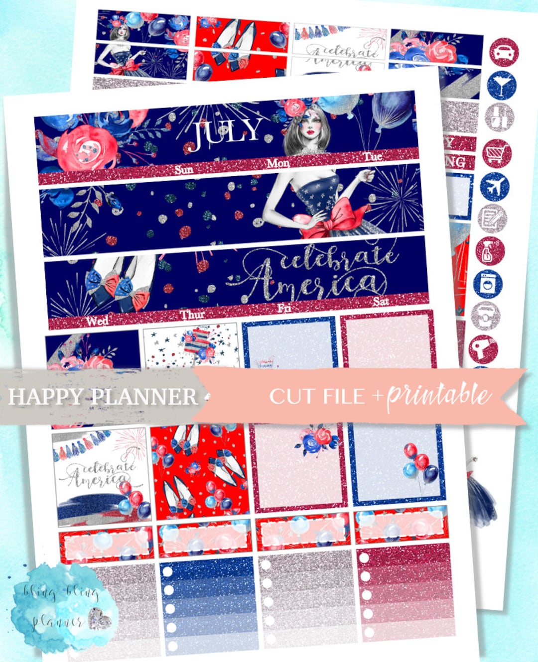 JULY MONTHLY VIEW, Happy Planner, July 4th Planner Sticker, Happy ...