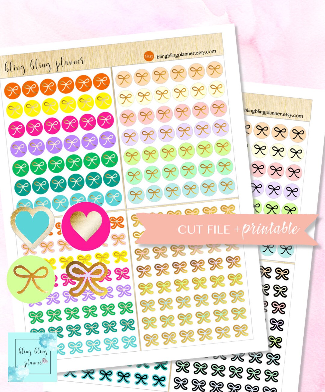 Bow and Heart Icon Stickers, Printable Planner Stickers, Bow Printable ...