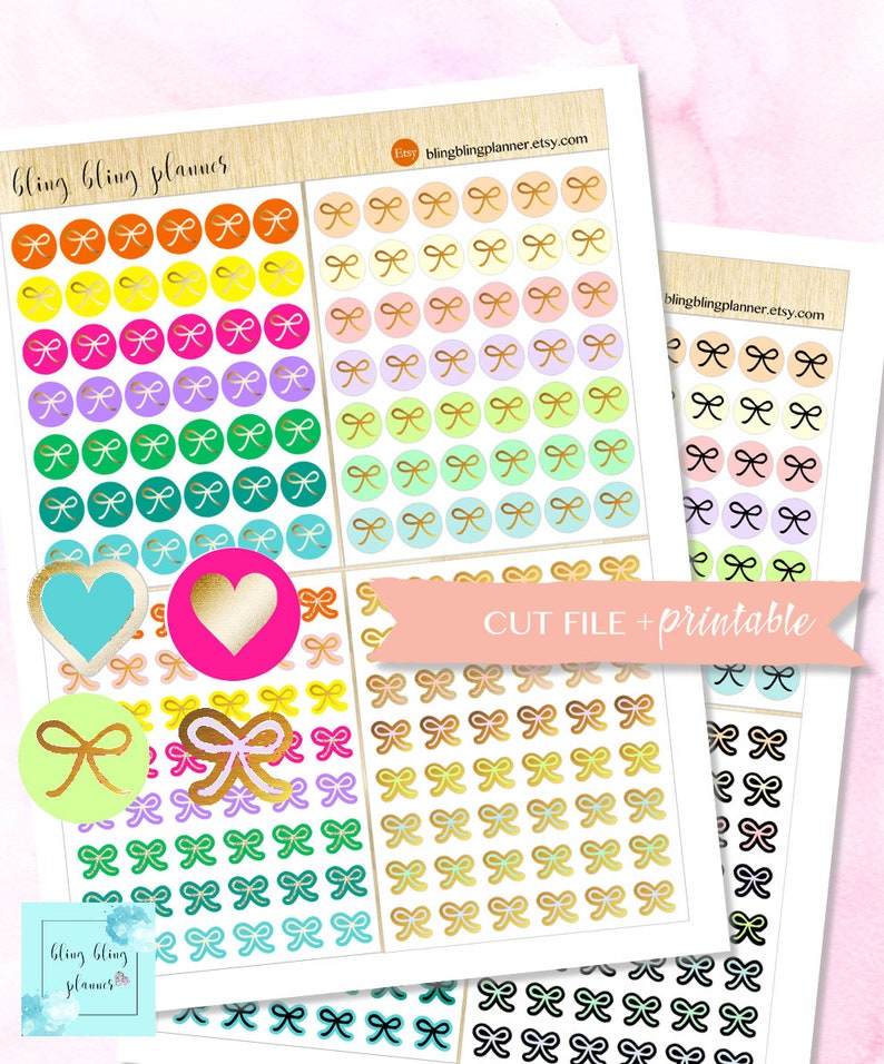 Bow and Heart Icon Stickers Printable Planner Stickers Bow - Etsy