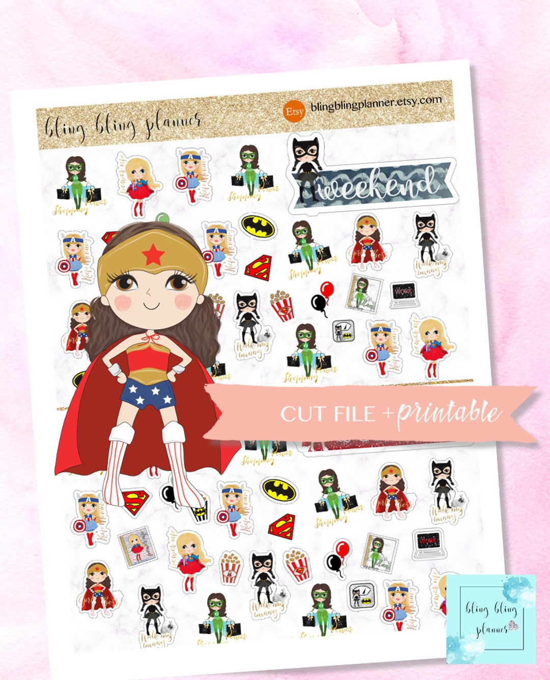 CUTE WONDER WOMAN Stickers, 2 Dollar, Functional Clipart, Superhero ...