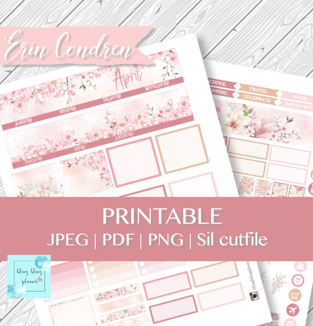 APRIL PRINTABLE MONTHLY Sticker, Blosoom Planner Sticker Kit, April ...