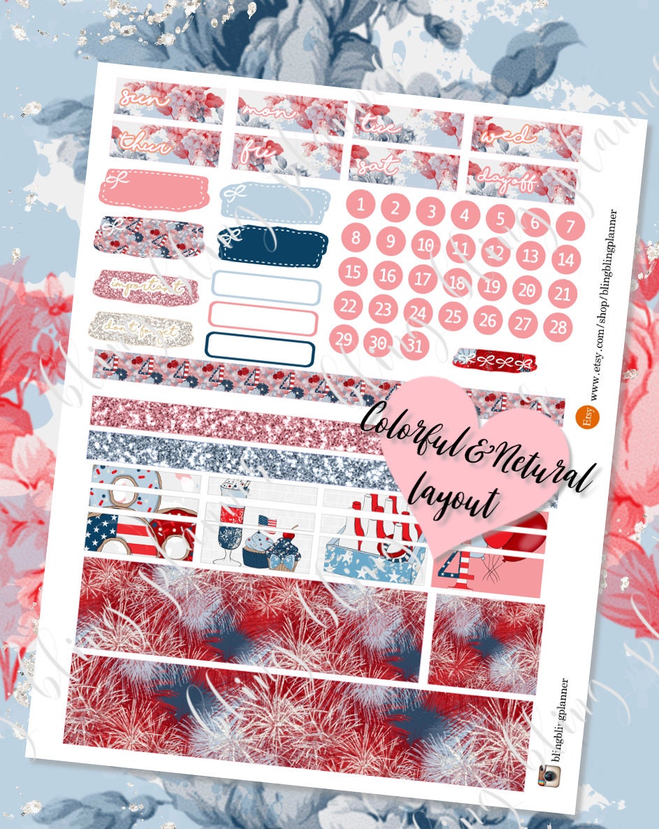 4th of JULY PRINTABLE PLANNER Kit, Independence Day Planner Stickers ...