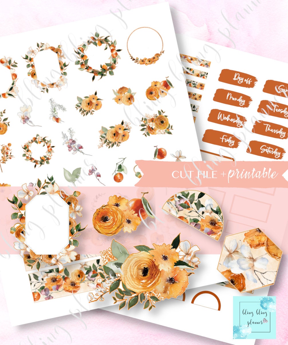 ORANGE PRINTABLE Planner Stickers Floral Printable Full Box - Etsy