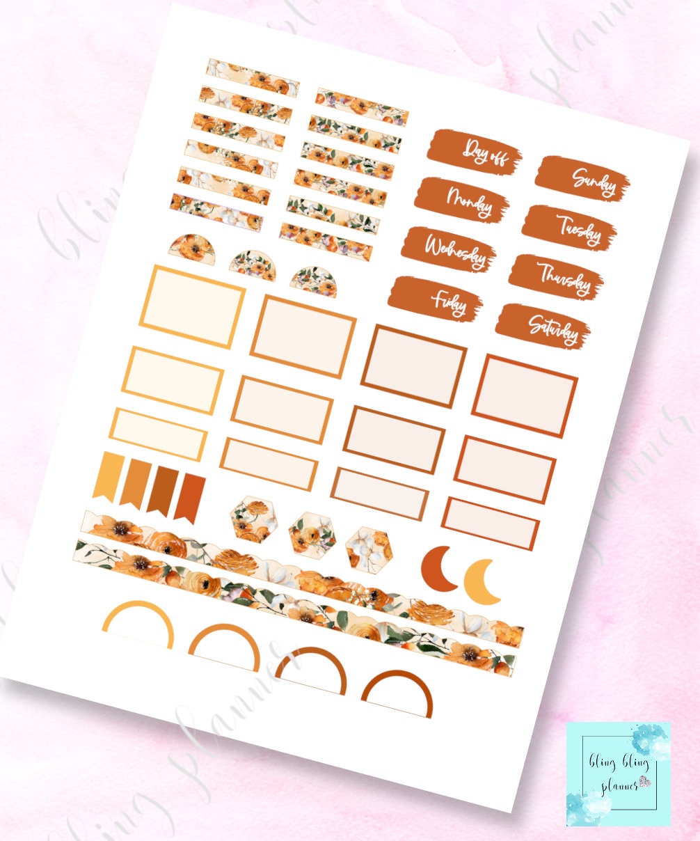 ORANGE PRINTABLE Planner Stickers Floral Printable Full Box - Etsy