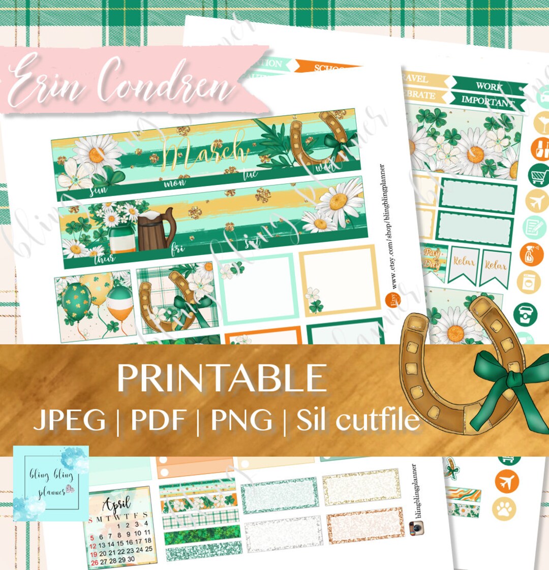 MARCH MONTHLY VIEW, March Monthly Kit, Spring Printable Stickers, St ...