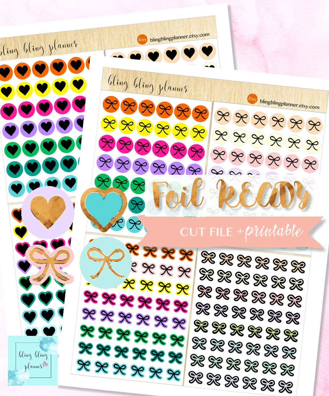 FOIL READY Printable Stickers, Bow Printable Stickers, Foil Heart ...
