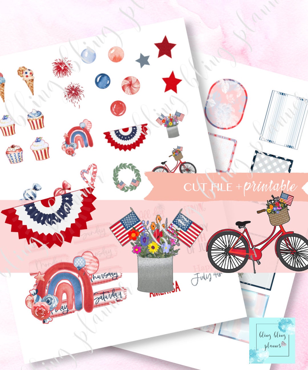 JULY 4TH PLANNER Stickers, Independence Day Planner Stickers, Printable ...