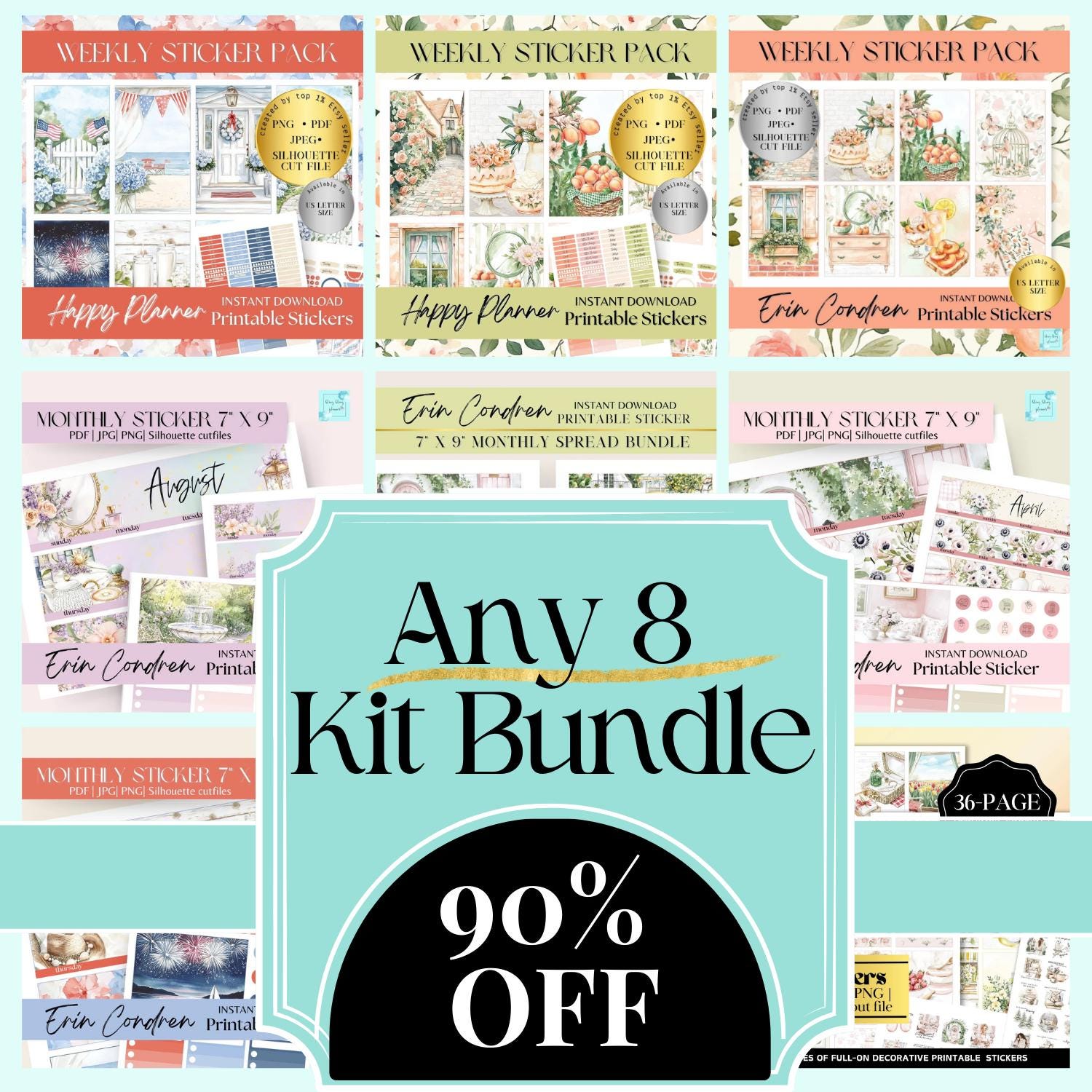 ANY 8 PRINTABLE Planner Sticker Bundle, Erin Condren Monthly Weekly ...