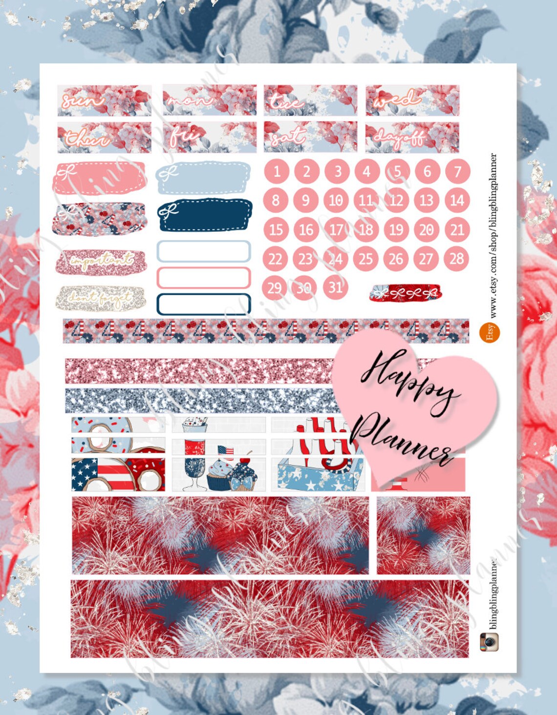 HAPPY PLANNER July 4th PRINTABLE Stickers, Us Girls Planner Stickers ...