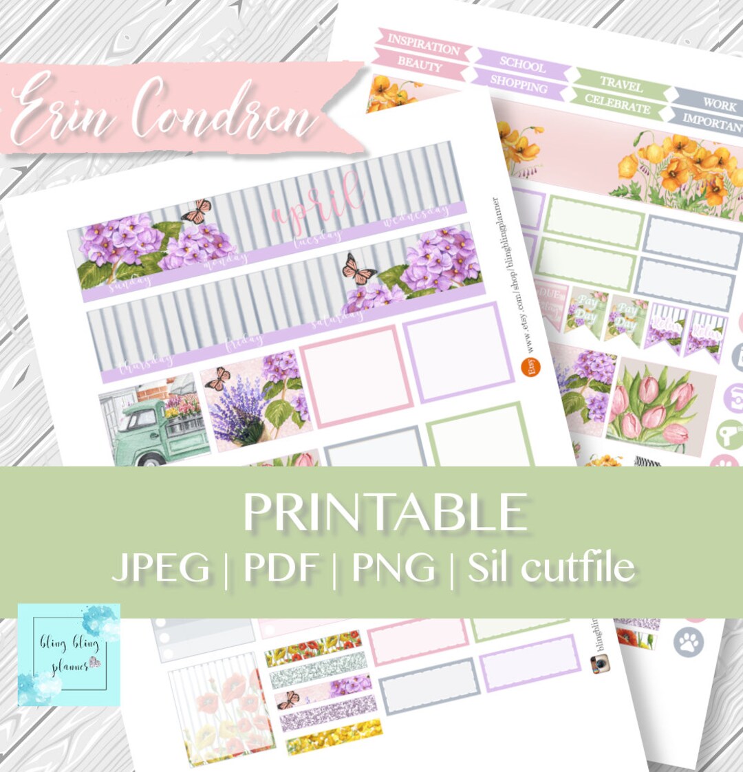 APRIL MONTHLY VIEW Printable Kit , April Planner Stickers, Flower ...