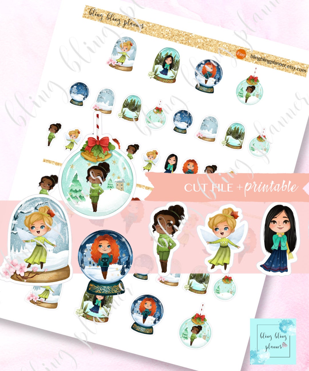 PRINTABLE Snow Globe PRINCESS STICKER, Christmas Princess Printable ...