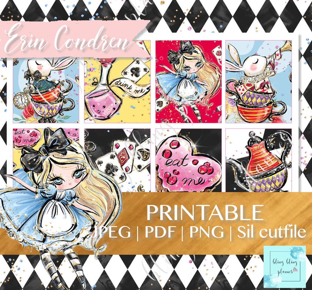 ALICE in WONDERLAND PRINTABLE Stickers, Erin Condren Printable Planner ...