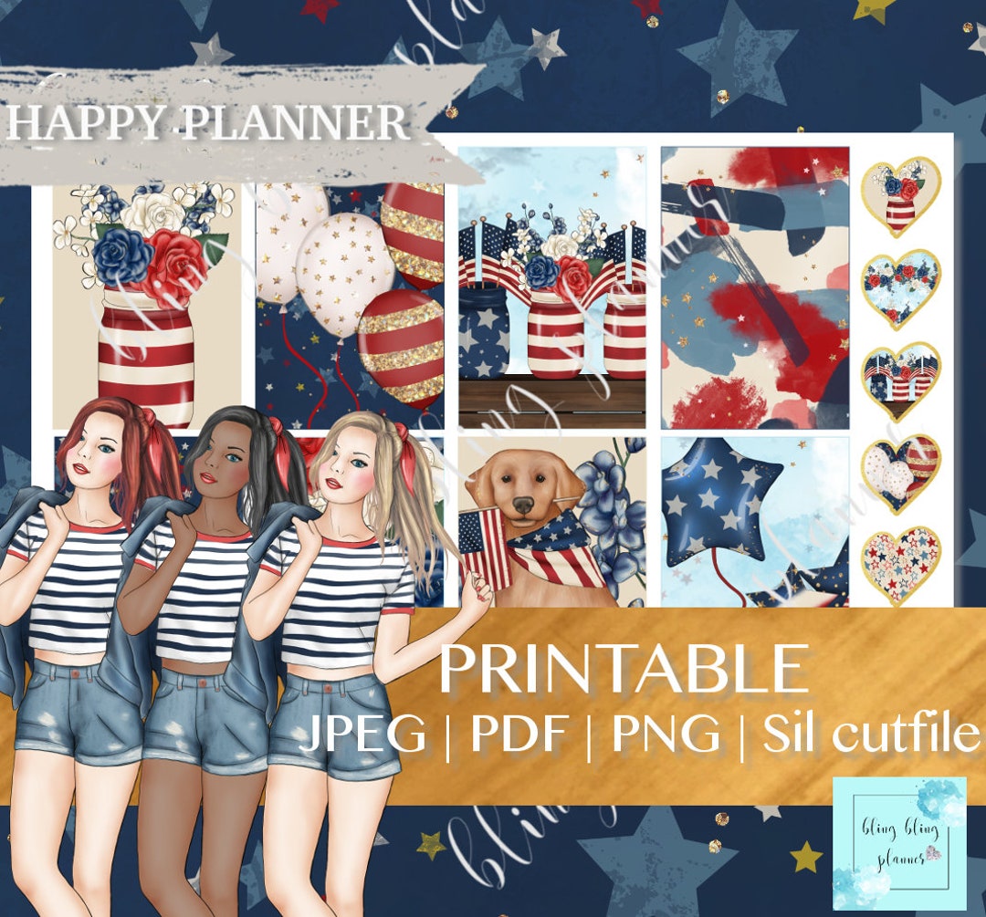 4th of July PRINTABLE HAPPY PLANNER Stickers, Independence Day Hp ...
