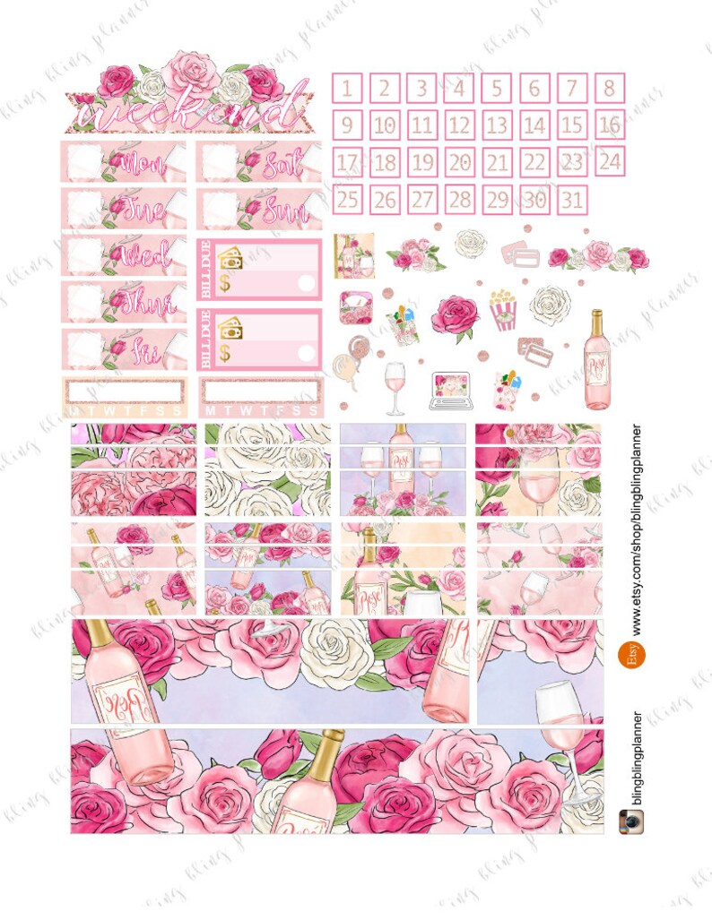 WINE PLANNER STICKERS Rose Planner Stickers Weekly Kit - Etsy