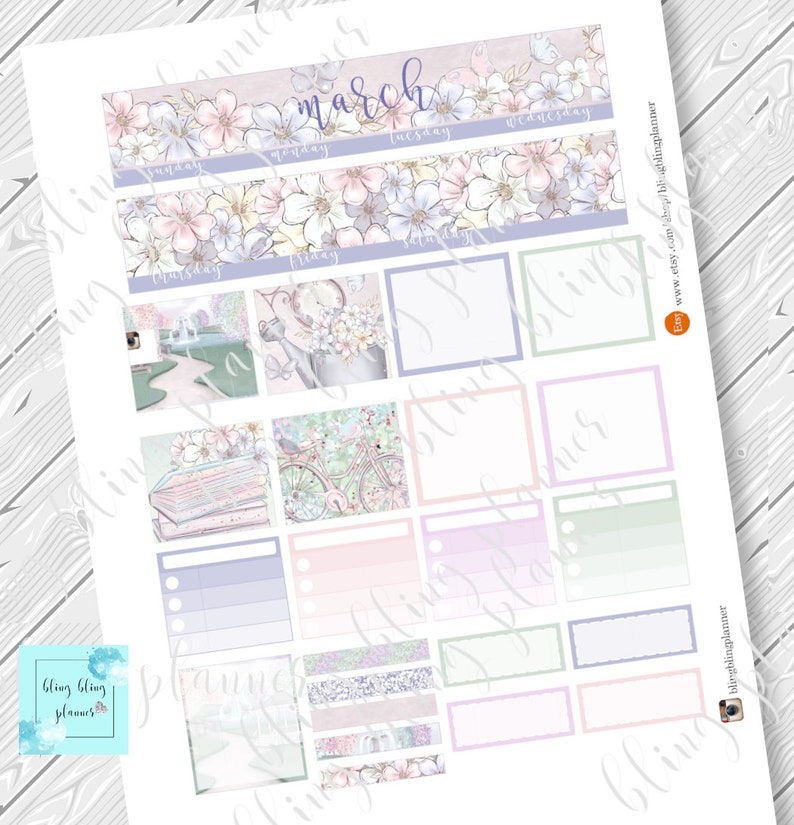 MARCH MONTHLY VIEW Printable, March Planner Sticker Kits, Spring ...