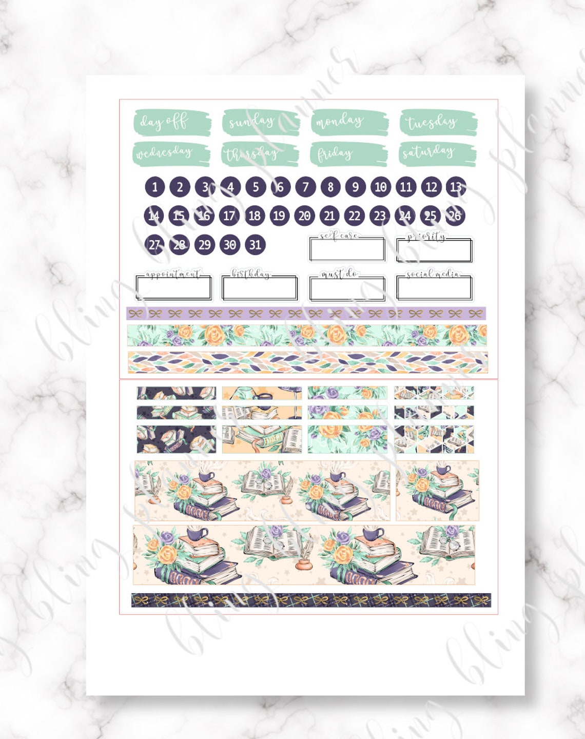 BOOKLOVER PRINTABLE Stickers Bookworm Printable weekly kit | Etsy