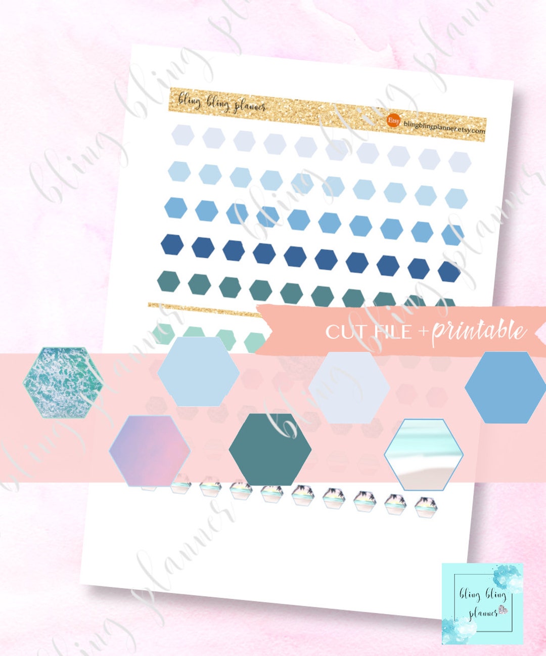 HEXAGON PRINTABLE Planner STICKERS, Printable Hexagon Stickers, Blue ...