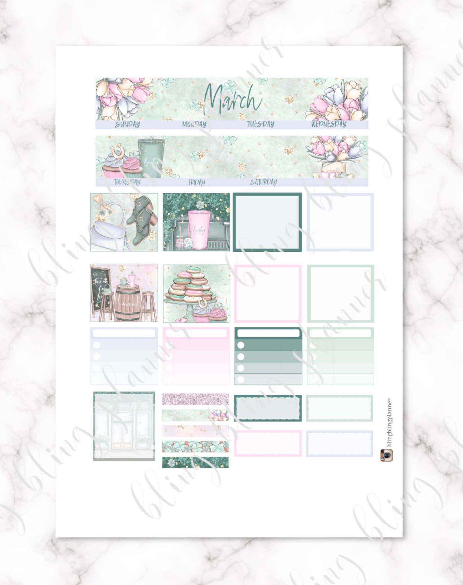 MARCH MONTHLY VIEW Printable , March Planner Sticker Kits, St Patrick ...