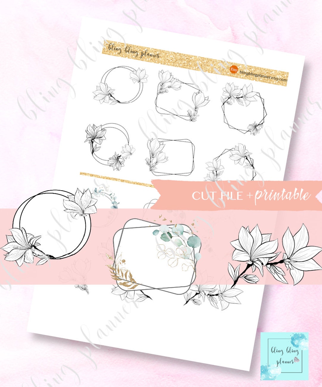 FLORAL FRAME Printable Stickers, Flower Wreath Printable Stickers ...