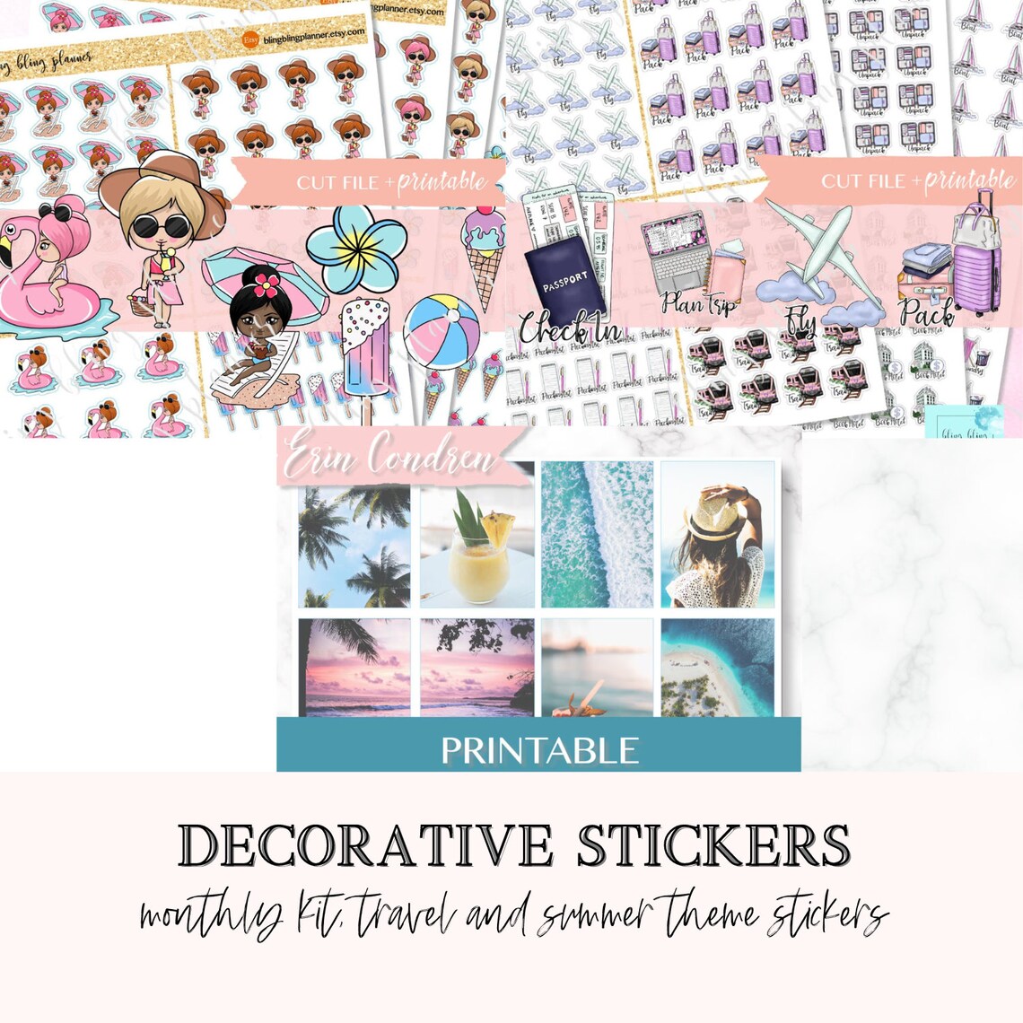 PLANNER STICKER Bundle Erin Condren Summer Travel Pack Printable ...