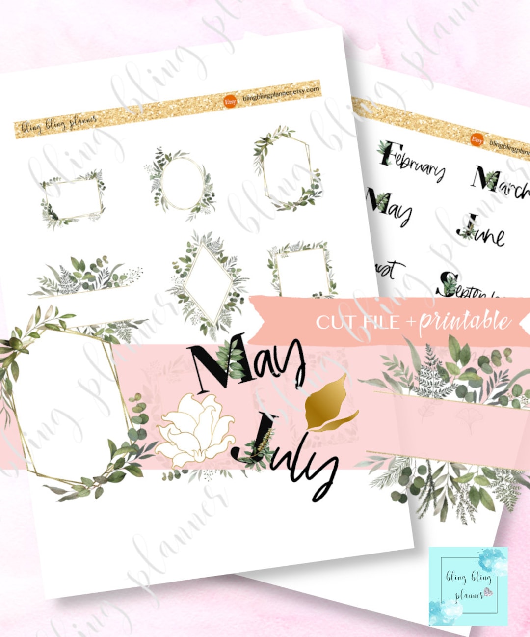 Green Leaf FRAME Printable Stickers, Months Printable Stickers, Golden ...