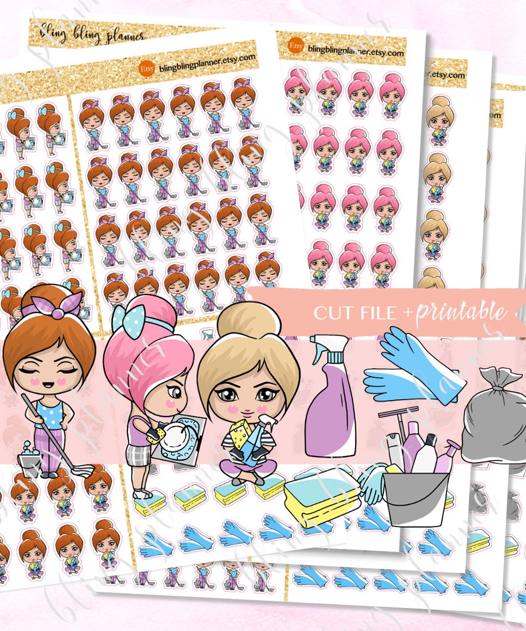 CLEANING ICON PLANNER Stickers, Cute Cleaning Doll Deco, Cleaning ...