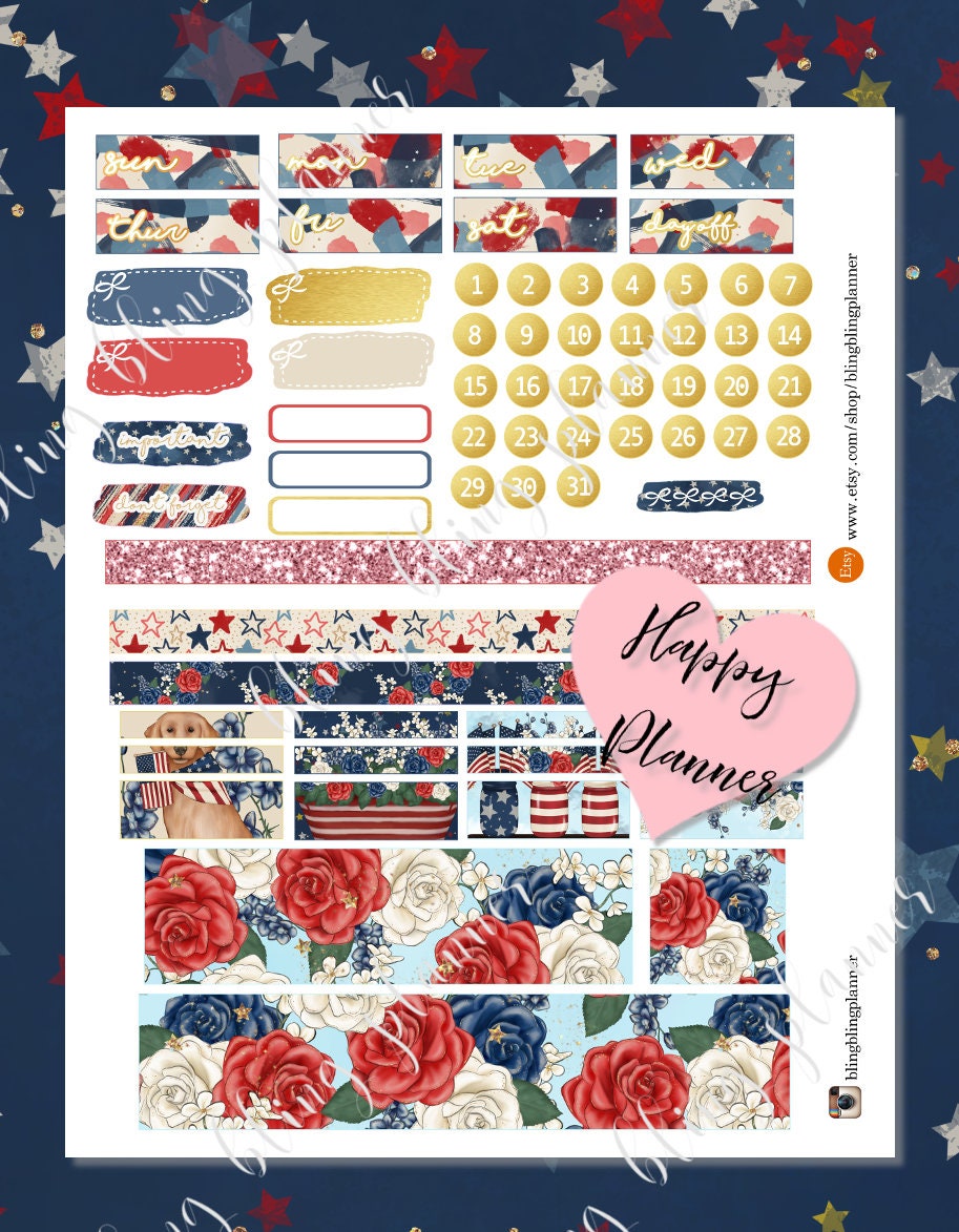 4th of July PRINTABLE HAPPY PLANNER Stickers, Independence Day Hp ...