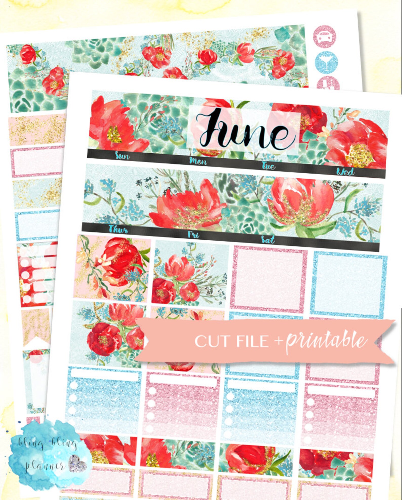 JUNE MONTHLY VIEW, Monthly Planner Kit, June Monthly Sticker, Summer ...