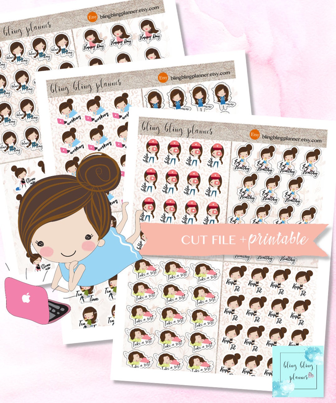 CUTE BROWN GIRL Stickers, Functional Clipart, Kawaii Girl Stickers ...