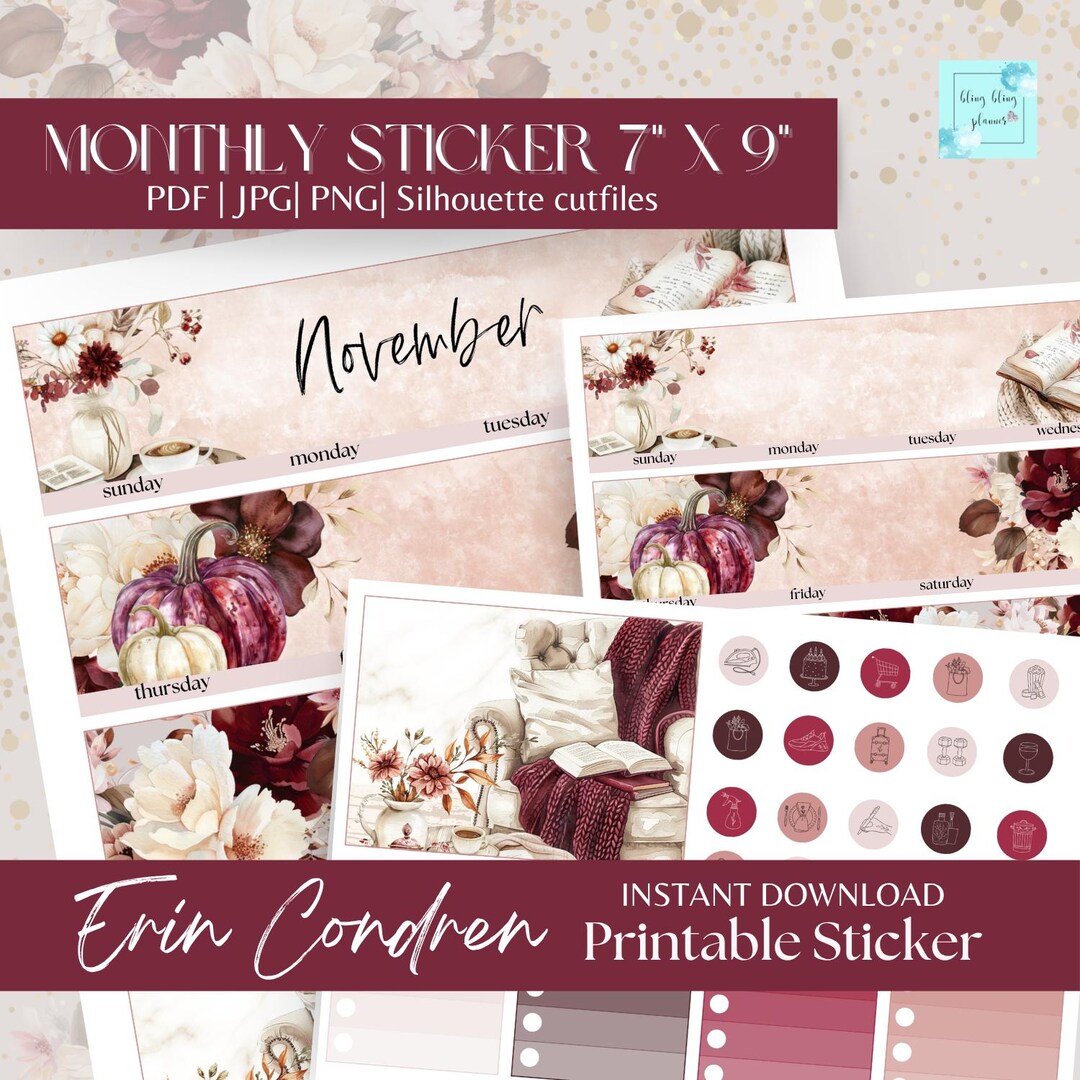 November Fall Printable Erin Condren Monthly Stickers, EC Monthly View ...