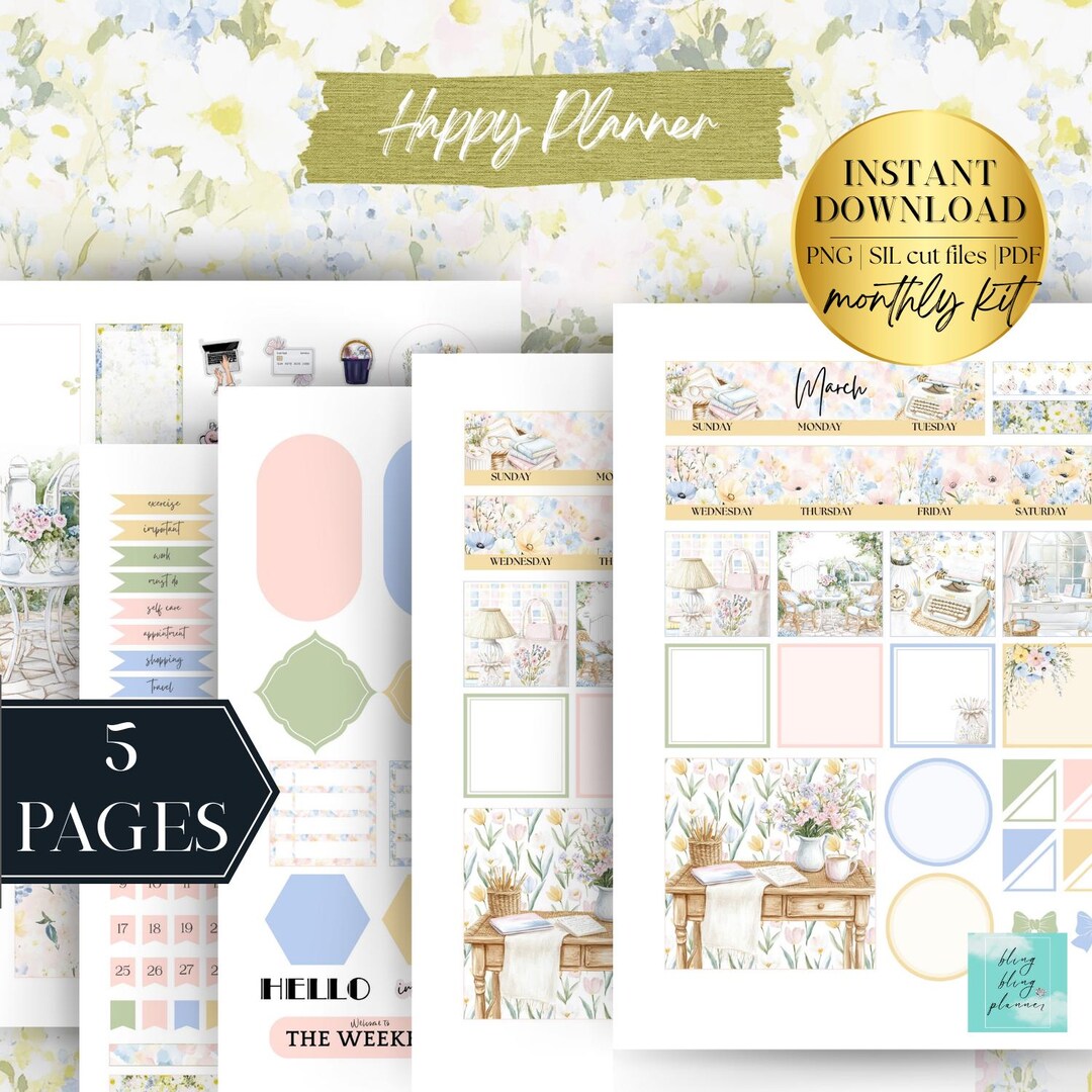 March Monthly EC Printable Sticker, Spring Planning Monthly Kit, Erin ...