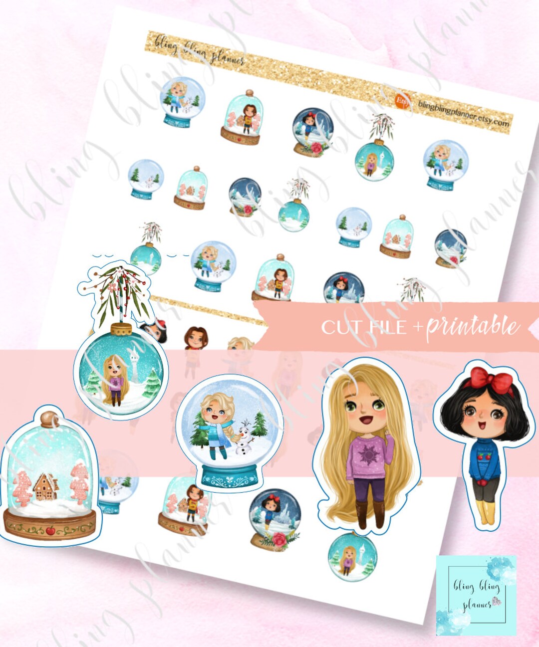 PRINTABLE Snow Globe PRINCESS STICKERS, Christmas Princess Printable ...