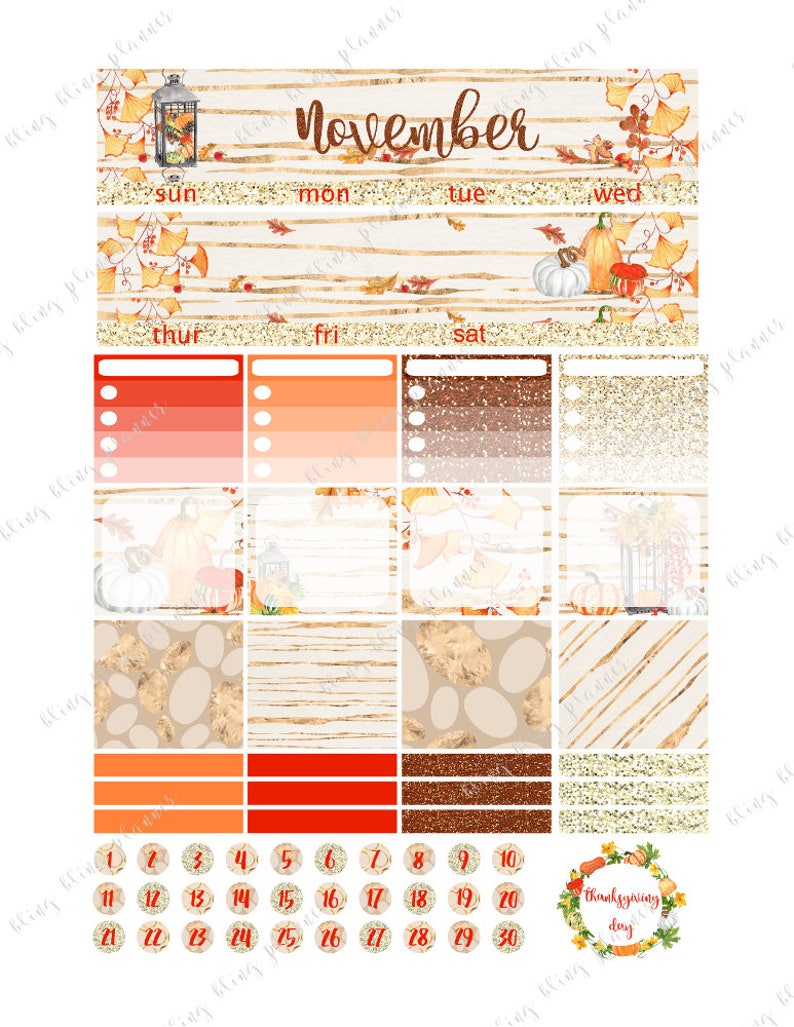 NOVEMBER MONTHLY KIT, Printable Fall Stickers, Monthly Spread, Erin ...