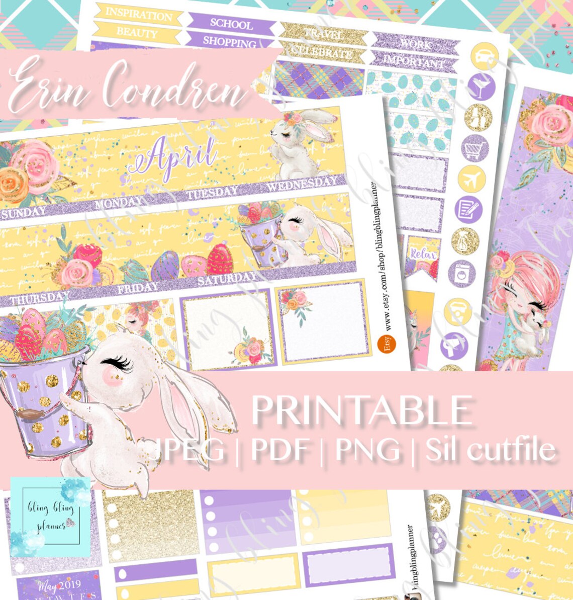 APRIL MONTHLY VIEW Printable , April Planner Sticker Kits, Easter ...