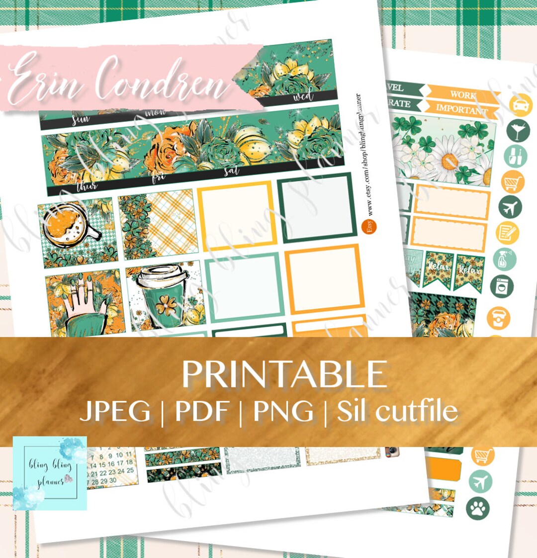 MARCH MONTHLY VIEW Printable , March Planner Sticker Kits, St Patrick ...