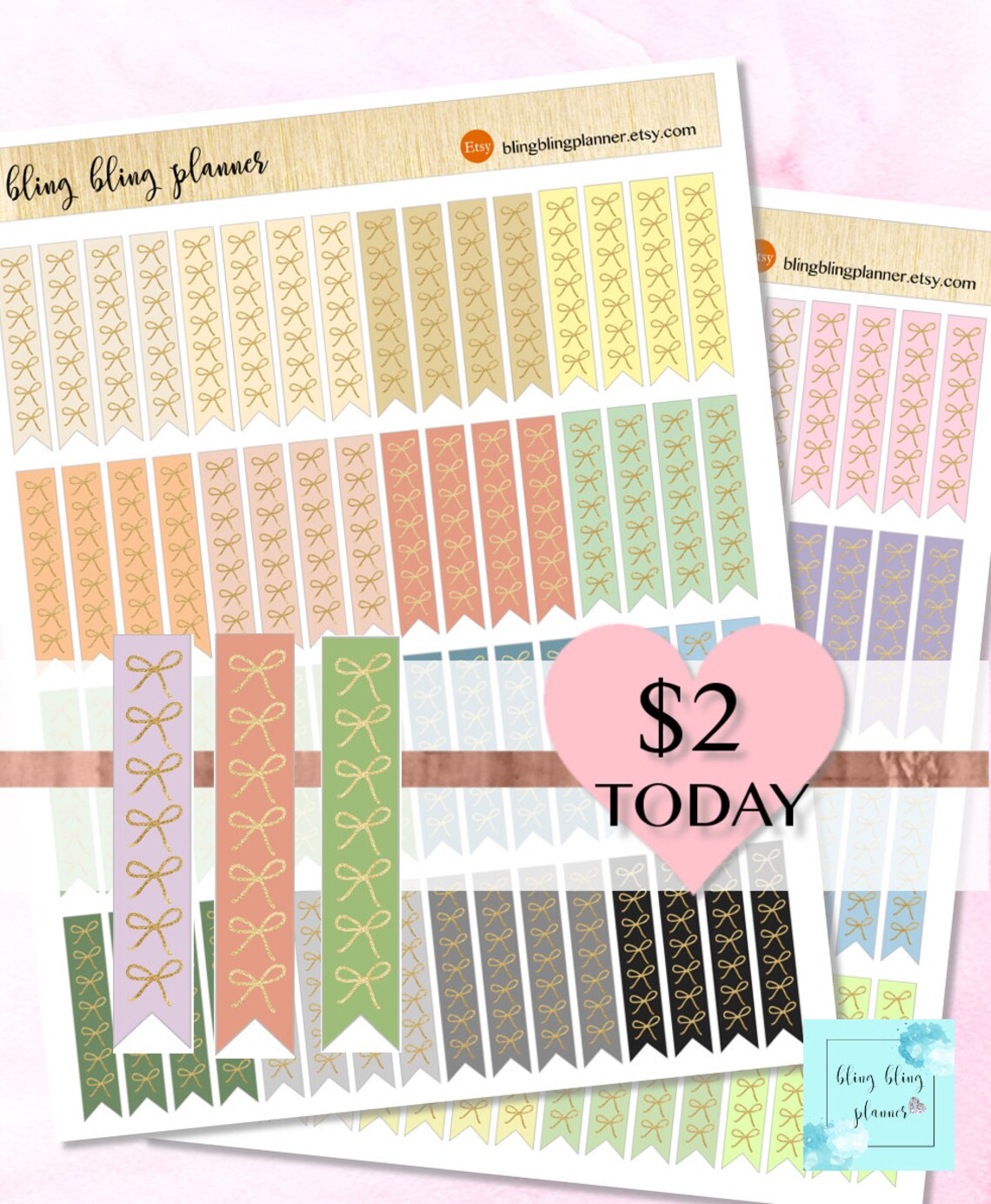 BOW CHECKLIST FLAG Printable Planner Stickers Gold Bow Flag | Etsy