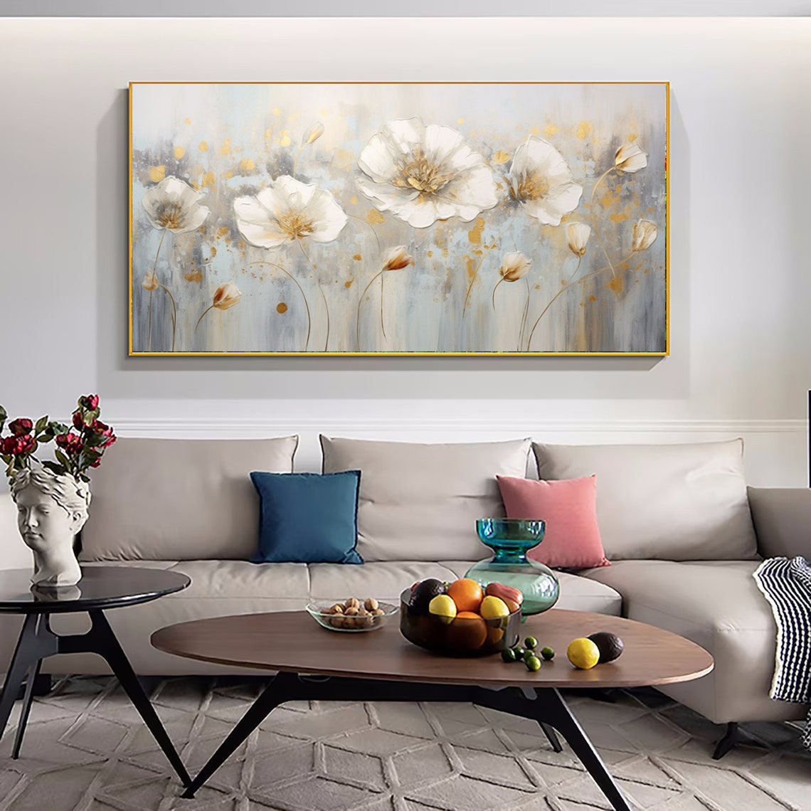White Gold Abstract Floral Canvas Wall Arthand Painted Thick Textured ...