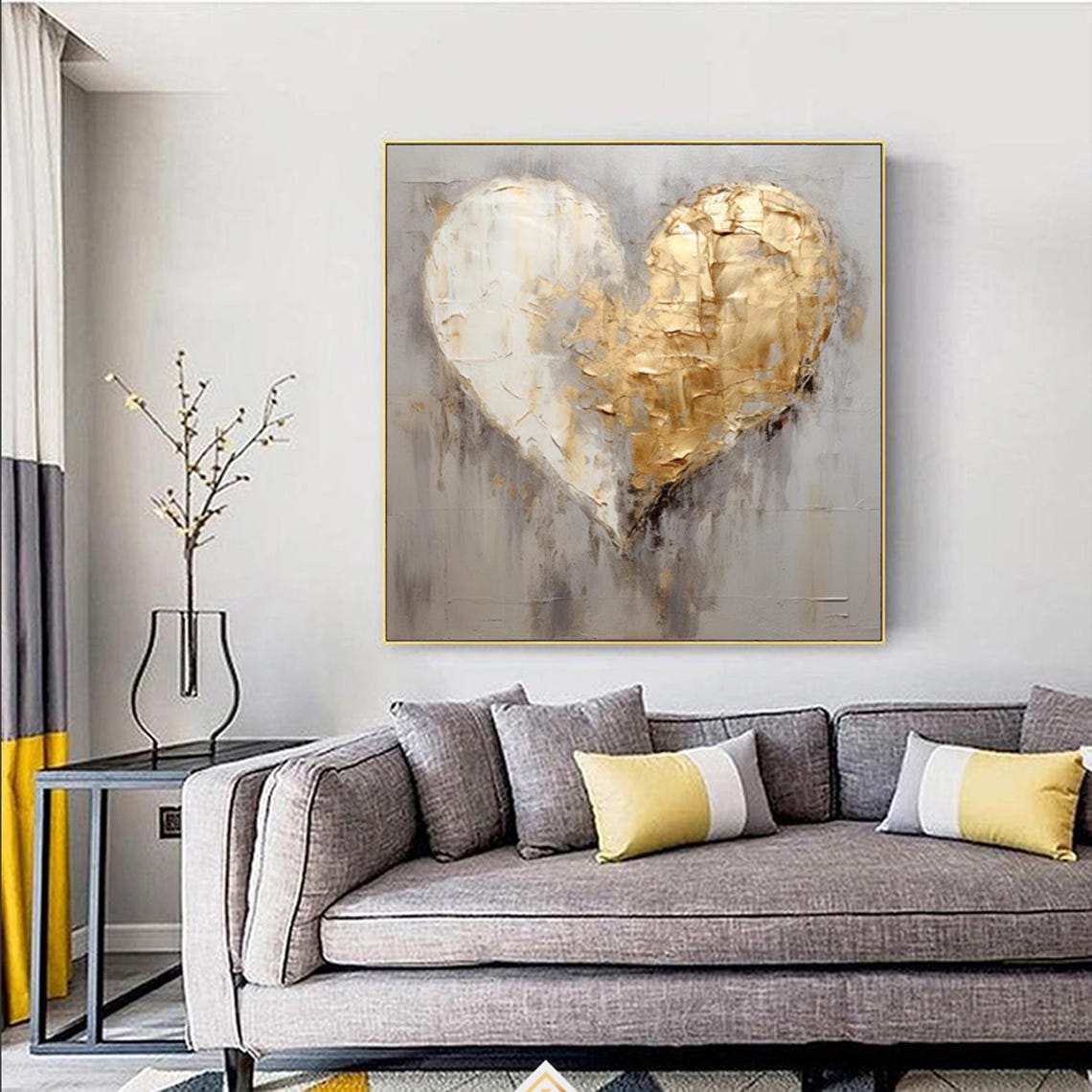 Extra Large Abstract Love Shape Wall Art,modern Gray Gold Painting ...